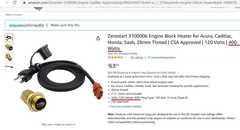 Engine Block Heater Power Consumption Calculator (All Sizes)